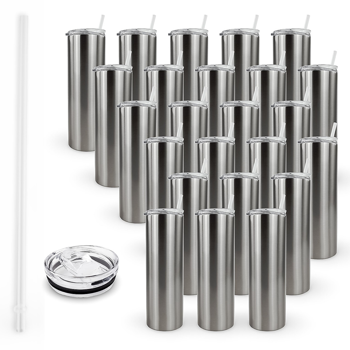 Hogg 20 oz Sublimation Tumblers Clear (24 Units) - Silver, Sublimation Blanks, Bulk Tumblers with Lids and Straws, 20oz Skinny, Blank Cups