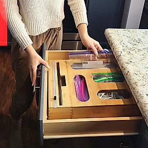 Wooden Ziplock Bag Organizer For drawer - Comes With Adjustable Foil or Plastic Wrap Dispenser With Cutter For Kitchen Drawer Organization and Storage - Zip Lock Bag Organizer Use in 1 or 2 Places