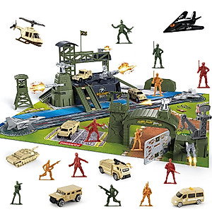 LOVE LIFE 62 Pieces Military Base Set Army Men Toy Mini Action Figures Playset with Vehicles,Soldiers and Play Map Birthday Gifts for 3 4 5 6 7 8 Year Old Boys Girls Kids