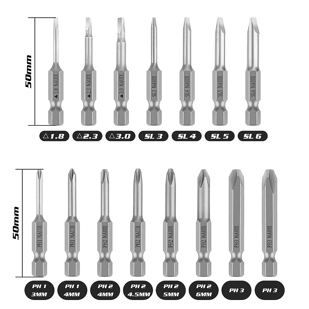 15 Piece Slotted Phillips Triangle Screwdriver Bit Set, 1/4 Inch Hex Shank S2 Steel Magnetic 2 Inch Long Drill Bits