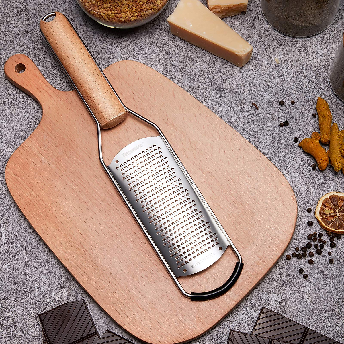 Stainless Steel Cheese Grater with Natural Wood Handle for Parmesan Cheese Lemon, Ginger, Cheese, Nutmeg, Potato, Chocolate and Garlic Small