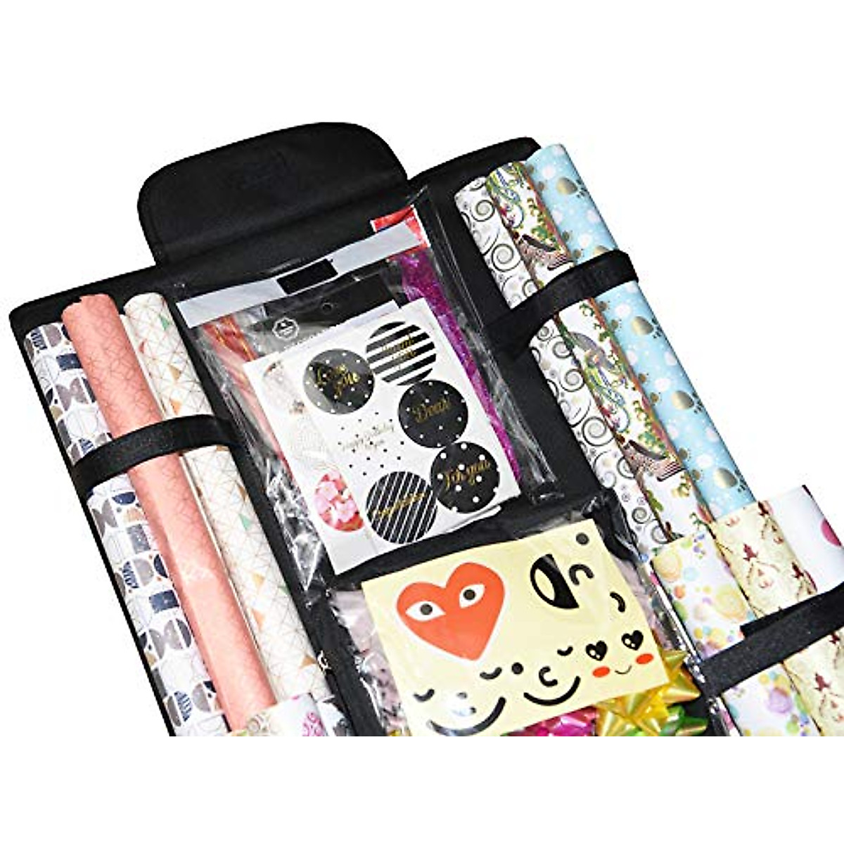 Freegrace Double Sided Hanging Gift Wrap Organizer | Large 16" x 41" Wrapping Paper Rolls Storage Bag | Tearproof & Space Saving Closet Gift Bag Organization Solution (Black)