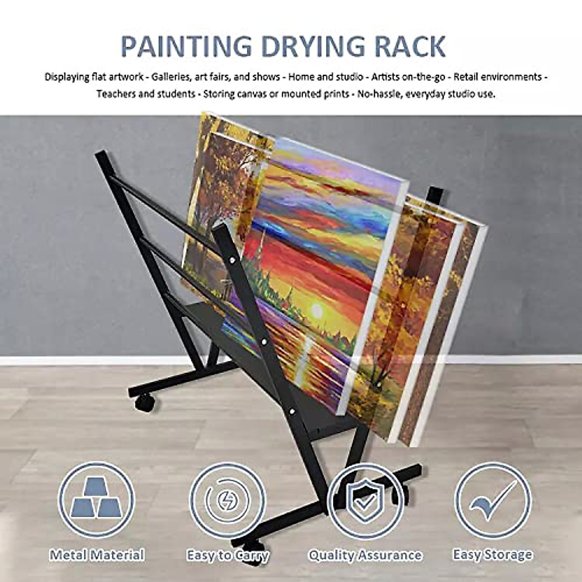 Metal Art Large Print Rack 36.6"x25.6"x35.4" Movable Arts Crafts Drying Print Racks with Castors Artist Storage and Display Rack Stand for Display of Canvas, Prints, Panels, Posters, Art Gallery
