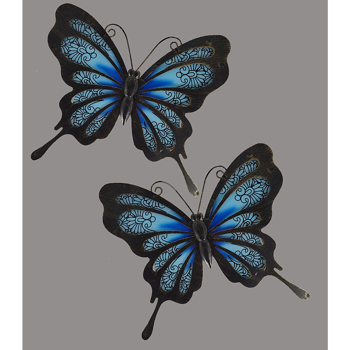SeasonsEasy Metal and Glass Butterfly Outdoor Patio Garden Wall Decor or Indoor Living Room, Bedroom, Kitchen, Bathroom - Set of 2 Sculpture Butterflies with Blue Design Inserts