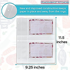 Recipe Card Protector Pages, 15 4" x 6" Clear Plastic Protectors Pages w/ 3 Punched Holes for Recipe Binder, Recipe Sleeves for 3-Ring Binders by Meadowsweet Kitchens