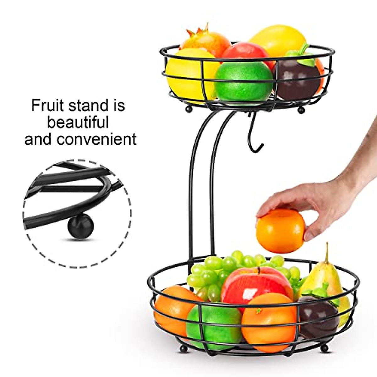 Kufutee 2-Tier Countertop Fruit Basket Bowl With Banana Hanger, Black 64 ounces