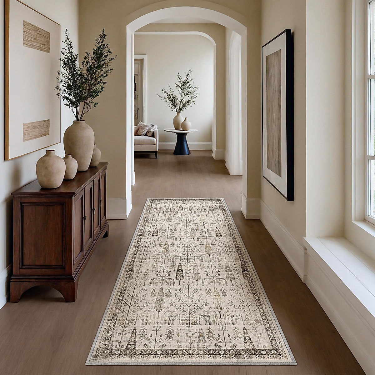 Bavni Runners for Hallways, Floral Non Slip Machine Washable Rug, Neutral Lightweight Low Pile Kitchen Bedroom Rugs, Thin Durable Aesthetic Farmhouse Vintage Tree Soft Wood 2x5 Rug