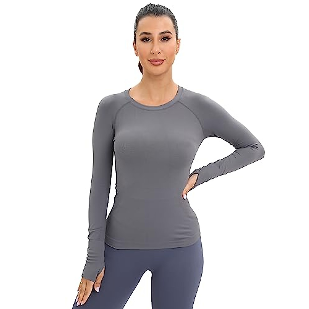 MathCat Workout Seamless Shirts for Women Long-Sleeved Yoga Running Breathable Thumb Holes Tops Grey