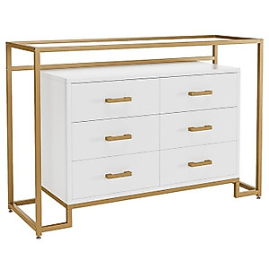 Senfot 6 Drawer Dresser, Wood Dresser Chest with Wide Storage Space, Steel Frame & Tempered Glass Top, Storage Tower Clothes Organizer, Large Storage Cabinet for Bedroom, Living Room
