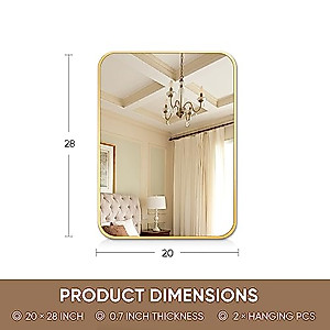 Antok Rounded Bathroom Mirror, 20" x 28" Rectangular Wall Mirror, Aluminum Alloy Frame Contemporary Hanging Mirror for Living Room Bedroom Bathroom Entryway, Gold