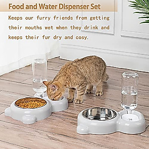 Tfwadmx Pet Double Dishes Rabbit Food Water Dispenser Set Cat Self Filling Bowls No Spill Dog Automatic Waterer Bottle Anti Gravity Feeder Cute Detachable Stainless Steel Bowl for Kitten Puppy Bunny