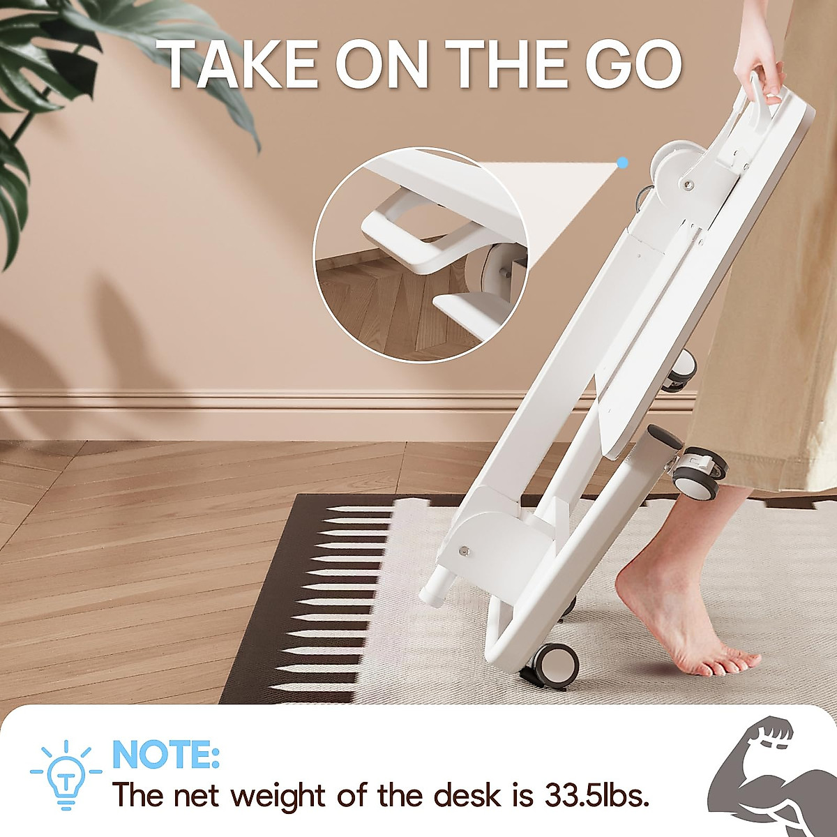 Joy Seeker Foldable Mobile Standing Desk, Pneumatic Height Adjustable and Tilt Rolling Sit Stand Desk, 90° Tiltable Portable Laptop Desk Cart on Wheels White Workstation for Home Office, Easy to Fold