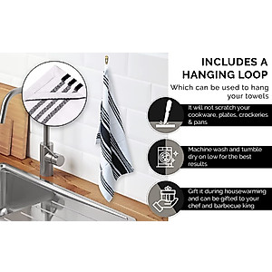 Black White Set of 4 Kitchen Dish Towels 20X30 Inch Extra Large Size Highly Absorbent 100% Cotton Hand Towel with Mitered Corners Modern Stripes For Bar & Tea And Household Use With Hanging Loop