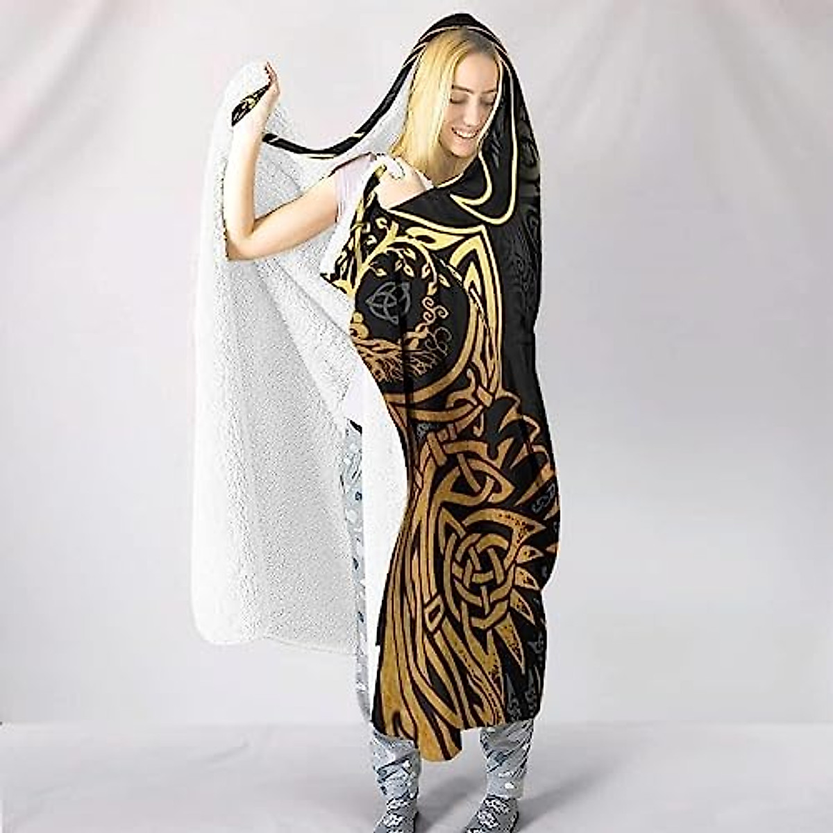 Viking 3D Printing Hooded Blanket Warm And Soft Fenrir Wolf Compass Tree Of Life Unisex Winter Wearable Hooded Blanket Double Thick Plush Wool Blanket Cape ( Color : Blanket , Size : 80x60in/150x200cm