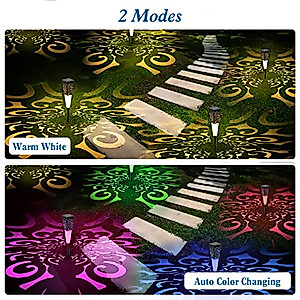 HEMOPLT Solar Outdoor Lights, Pack of 4 Solar Lights Outdoor Waterproof, Color Changing + Warm White Solar Garden Llights, IP 67 Waterproof Garden Lights, for Walkway, Yard, Lawn, Landscape, Driveway