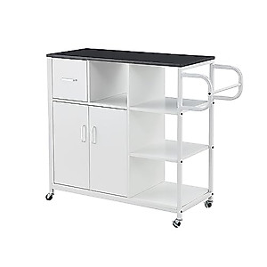 ZLLQUWR Kitchen Island Cart on Wheels with Storage Cabinet Drawers Rolling Kitchen Island with Lockable Casters Cart Handle Open Shelves Towel Rack Microwave Stand for Dining Room Living Room White