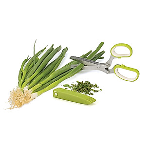 RSVP International (SNIP) Stainless Steel 5 Blade Herb Scissors, Green/White | Cut, Chop, Mince & Snip Herbs | Easy & Safe to Store | Use with Basil, Thyme, Parsley & More | Dishwasher Safe