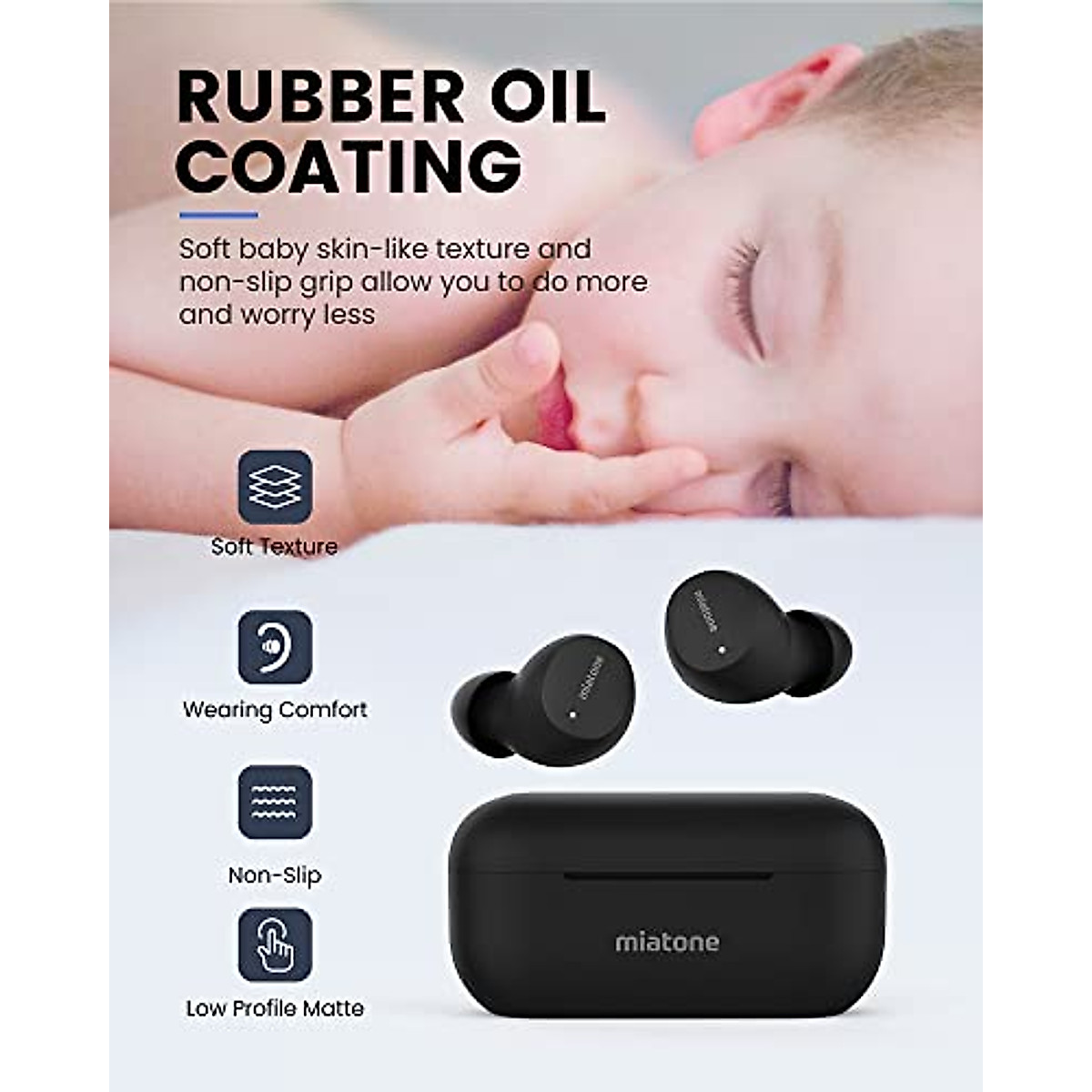 MIATONE Austin - Bluetooth 5.1 Wireless Earbuds with Rubber Oil Type-C Charging Case 94dB Hearing Protection Earphones with Mics CVC8.0 Clear Call 40H Headphones for Kids Men Women Gift - Matte Black