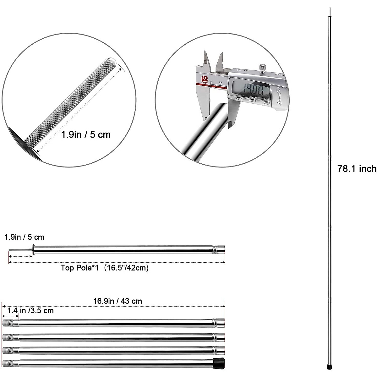 KOMCLUB Tent Poles Adjustable Tarp Poles Heavy Duty Stainless Steel Camping Poles Lightweight 78" Collapsible Canopy Pole for Tarp Telescoping Tent Poles for Awning Hiking Tarp Shelter Set of 2