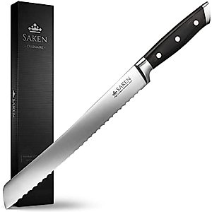 Saken Serrated Bread Knife 10 Inch - High-Carbon German Steel Serrated Knife with Ergonomic Black Pakkawood Handle and Full-Tang Design - Long Bread Knife Slicer Great for sourdough