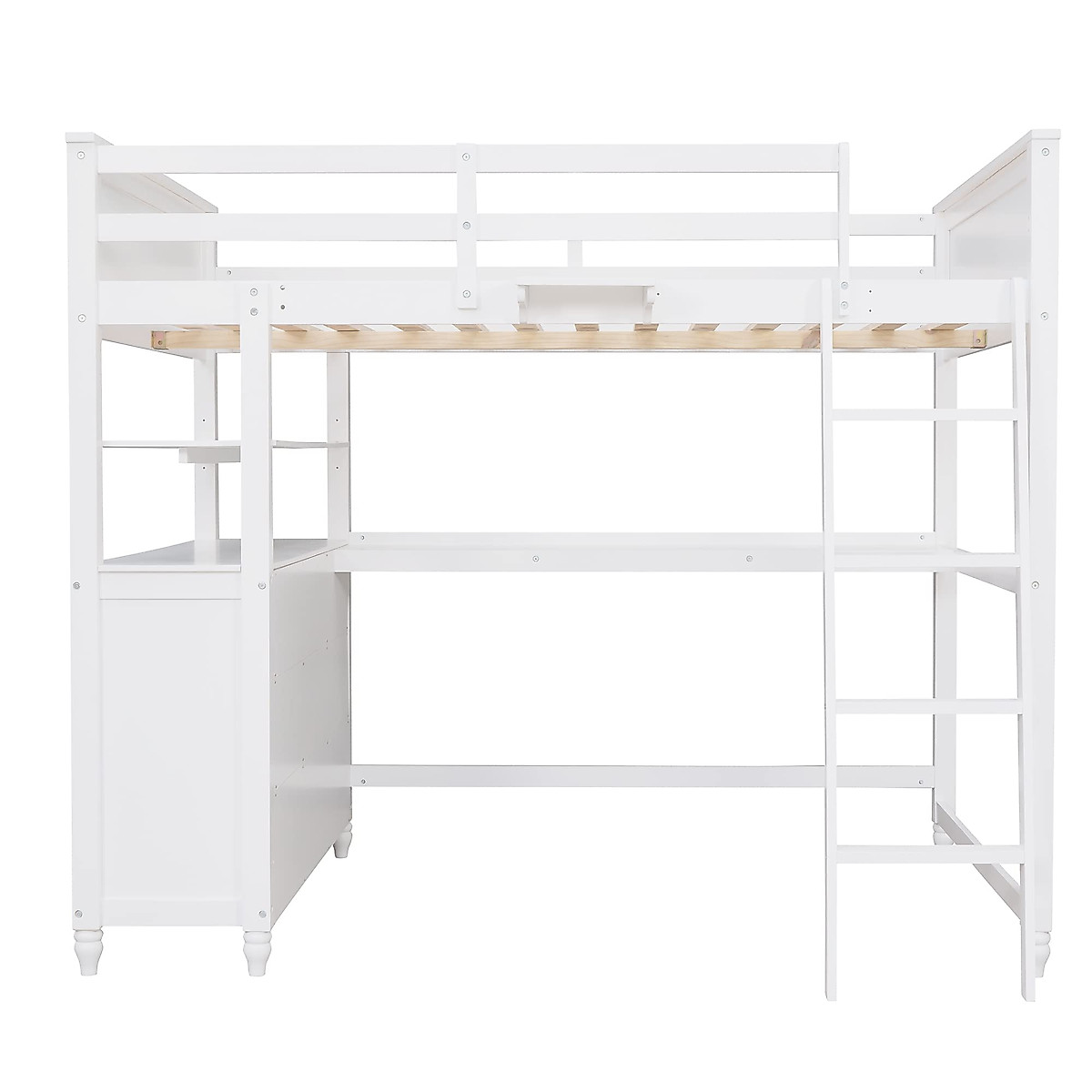 Full Size Loft Bed with Desk and Storage Drawers, Wood Full Loft Bed with Safety Guardrails, Ladder, Headboard and Footboard, High Loft Bed for Kids, Teens, Adults Boys & Girls(Full, White)
