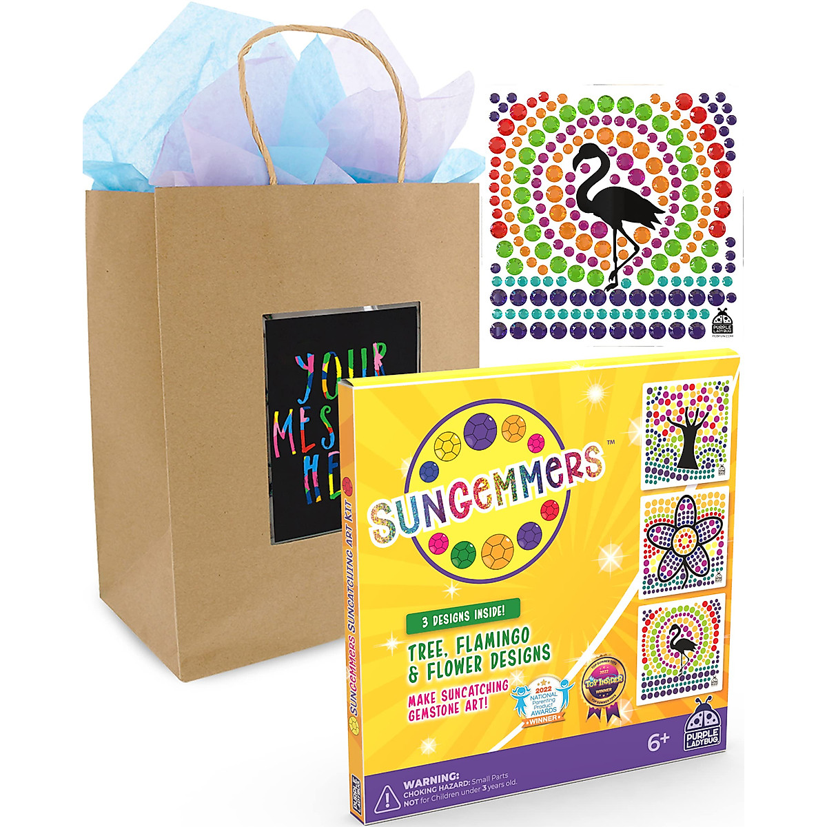 PURPLE LADYBUG SUNGEMMERS Diamond Art Craft Kit + 7 Brown Gift Bags with Scratch Panel for Personalized Messages
