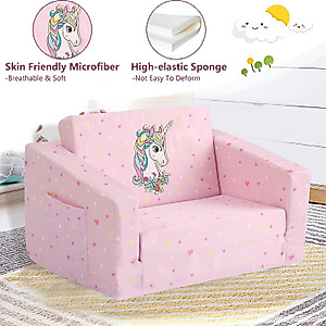 JoiyeScent Large Play Kids Sofa, Children's 2 in 1 Convertible Sofa to Lounger, Extra Soft Sofa Bed Fold Out for Toddler Girls, Cute Unicorn Print Pre-Assembled Kids Furniture for Playroom Bedroom