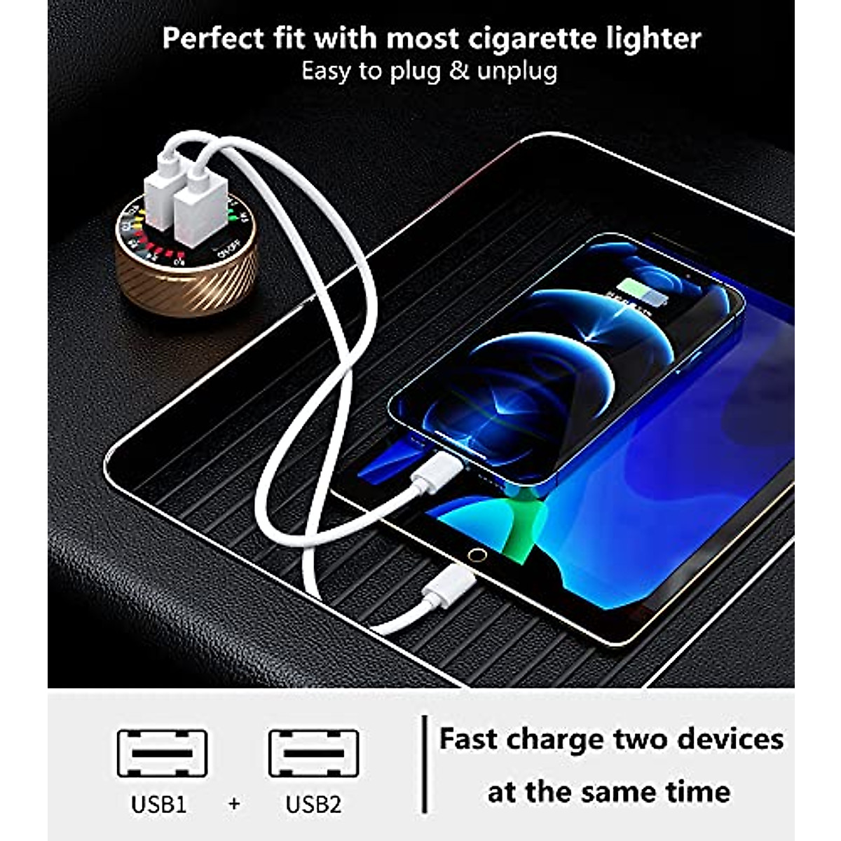 KEWIG Car Charger, 36W Fast Car Charger Adapter, Dual USB Car Charger Fast Charge with Colorful Voltmeter & ON/Off Switch