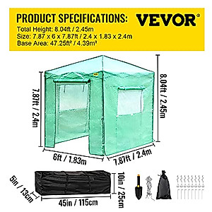 VEVOR 8'x 6'x 8' Pop-Up Greenhouse, Set Up in Minutes, Portable Greenhouse with Doors & Windows. High Strength PE Cover & Powder-Coated Steel Construction