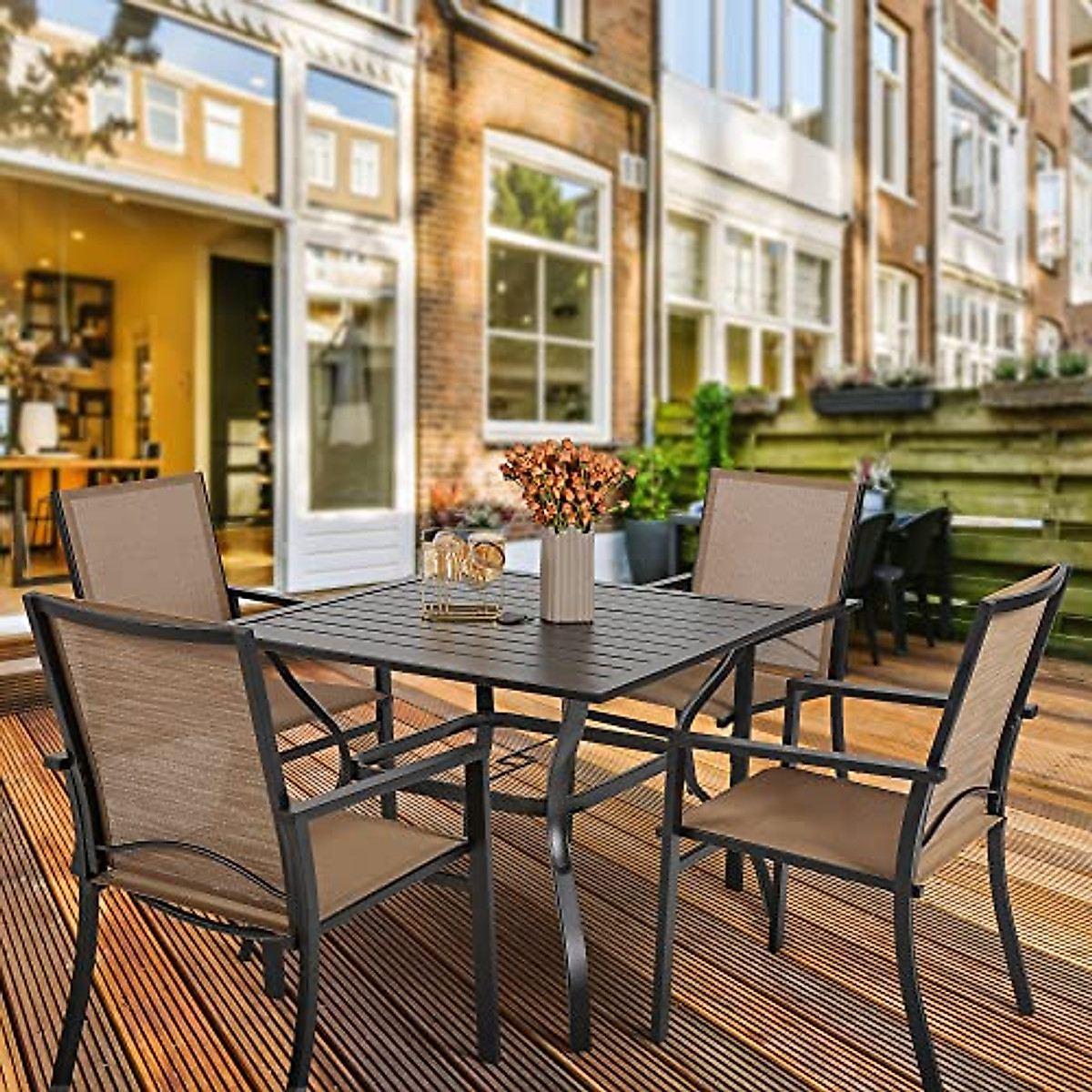 Anmutig Outdoor Dining Table with 1.57" Umbrella Hole, Picnic Table Metal Steel Square Backyard Bistro Table Outdoor Dining Table for Garden, Poolside, Backyard, Black, 37x37inch