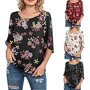 wodceeke Women's Chiffon Ice Silk Short Sleeve T-shirt Plus Size Casual Floral Print Tee Summer Basic Tops (Pink, L)