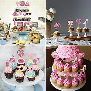 Biendo 32 PCS Glitter Pink Princess Cupcake Toppers Girl Cupcake Picks Handbag Glasses Bow Tie Lipstick High Heel Cake Decorations for Girl Princess Theme Bridal Shower Wedding Birthday Party Supplies