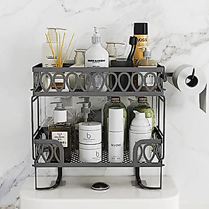 CAEKAIGTA Over The Toilet Storage Shelf, Bathroom Over Toilet Storage Shelf, 2 Tier Above Toilet Storage with Toilet Paper Holder, No Drilling with Wall Mounting Design, Space Saver (Black)