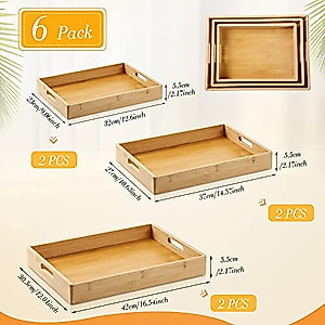 Geelin 6 Pack Bamboo Wood Serving Tray with Handles Rectangular Wooden Breakfast Tray Coffee Table Tray Decorative Serving Trays Platter for Eating Food Bed Breakfast Dinner Living Room, 3 Sizes