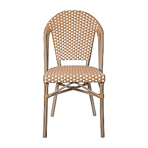EMMA + OLIVER Colmar Bistro Chair - Natural & White Woven PE Seat and Back - Light Bamboo Finish Aluminum Frame - Set of Two