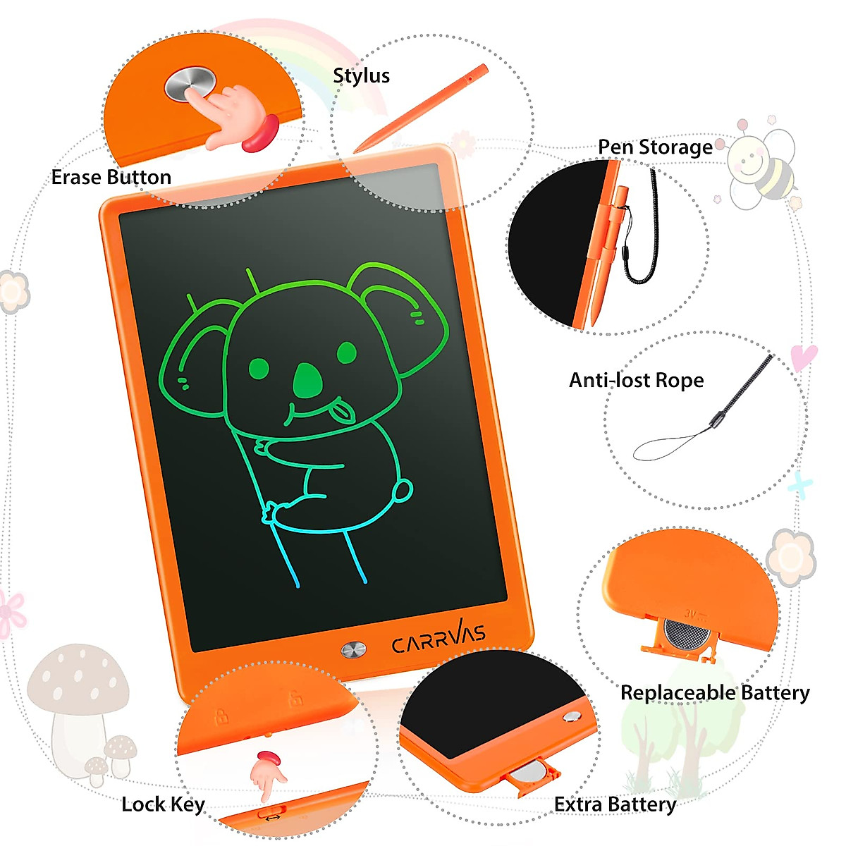 CARRVAS LCD Writing Tablet 10 Inch Colorful Drawing Pad for Kids Reusable Electronic Doodle Board Educational Learning Toys for 3 4 5 6 7 8 Years Old Toddler Boys Girls Home School