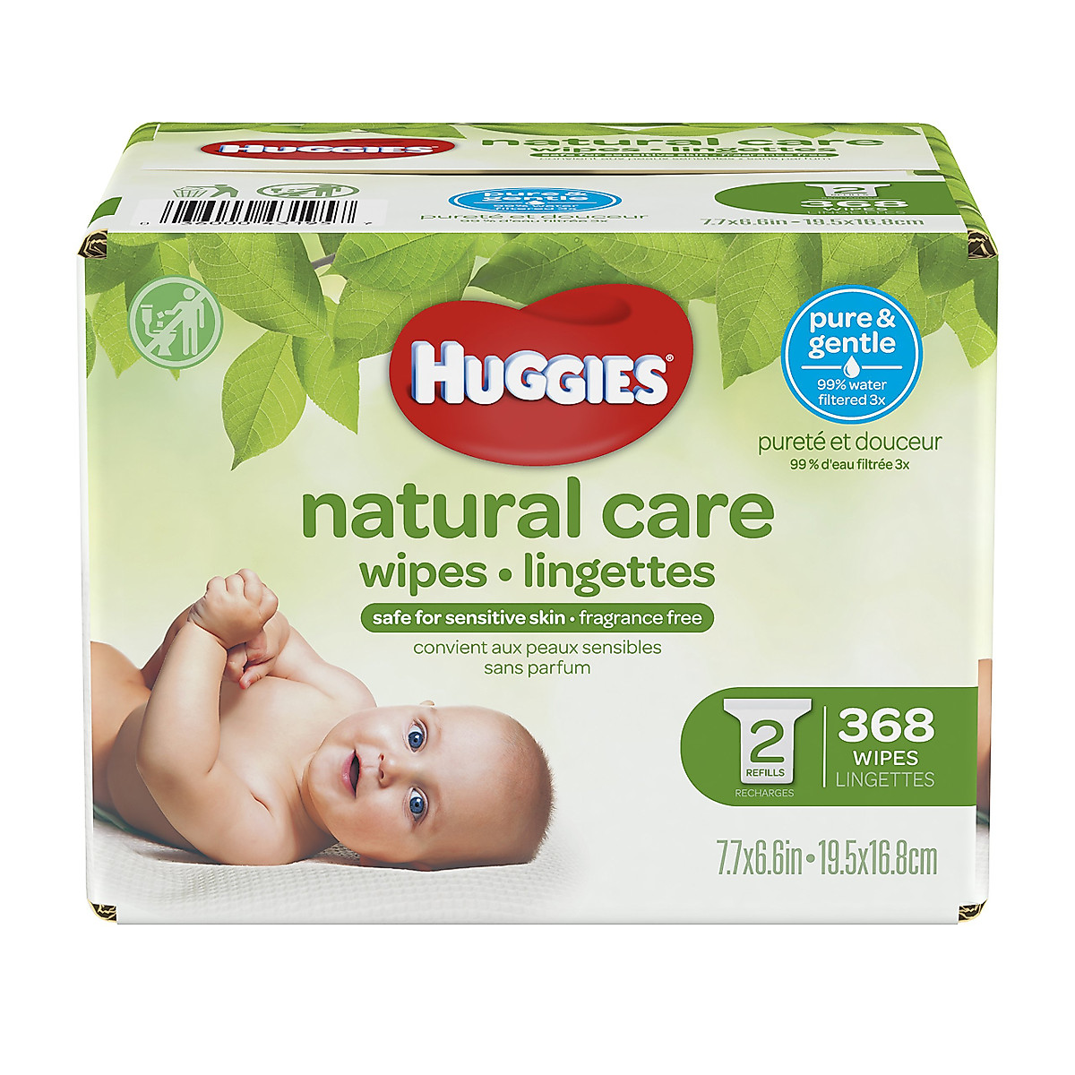 HUGGIES Natural Care Unscented Baby Wipes, Sensitive, Water-Based, 2 Refill Packs, 368 Count Total