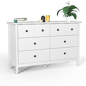 LYNSOM Dresser for Bedroom, Modern White Dresser with Deep Drawers, 6 Drawer Double Dresser with Black Knobs and Solid Wood Legs