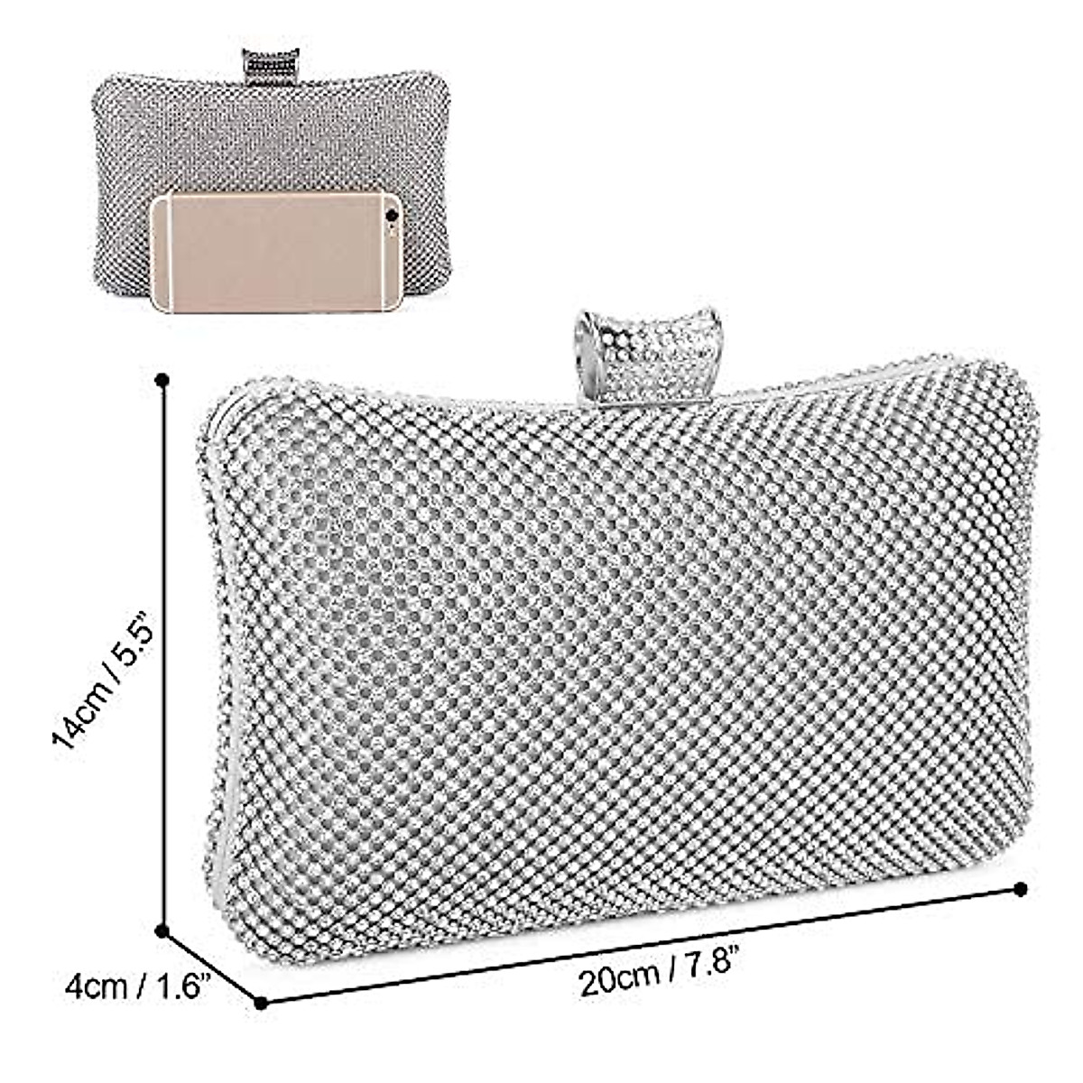 Pinprin Ladies Sparkly Rhinestones Evening Clutches Women's Crystal Diamante Evening Bag Prom Wedding Handbag Party Purse (B-Silver)