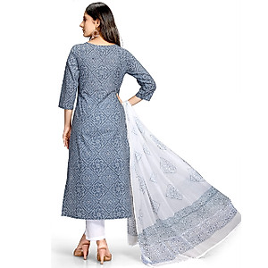 Rajnandini Women's Pure Cambric Cotton Embroidered Kurta Set With Dupatta (JOPLVL212-XL_Grey & White_XL)