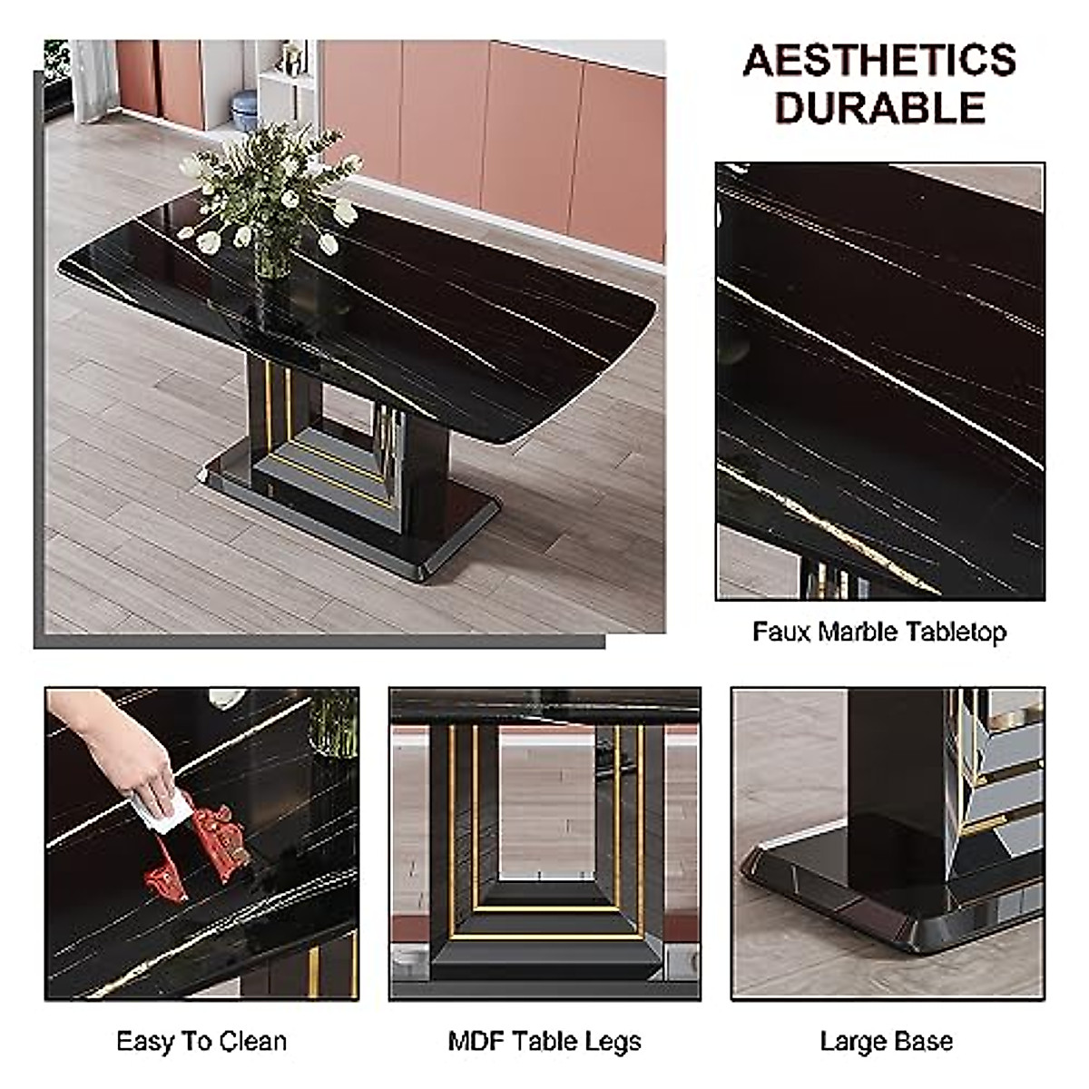WOXYX Minimalist and Luxurious Dining Table with Black Imitation Marble Pattern Desktop. MDF tablelegs with Gold Lines and Base