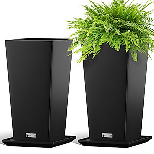 Elevens Tall Planters 27 Inch Tapered Square Planters Garden Flower Pots,Indoor/Outdoor Planter with Tray, Large Planter for Patio Black-2 Pack