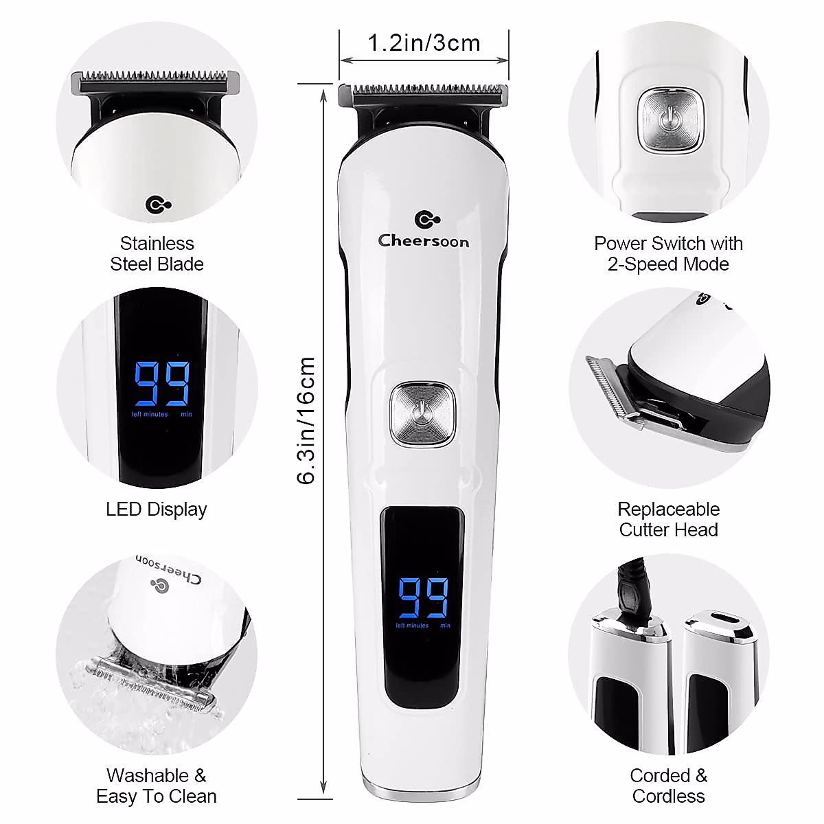 Beard Trimmer for Men, Nose Hair & Ear Trimmer, Cheersoon Electric Cordless Hair Clippers for Men, LED Display, IPX7 Waterproof Mens Grooming Kit