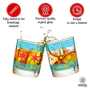 Greenline Goods Whiskey Glasses - 10 Oz Tumbler Set for Chicago lovers, Chicago Flag & Neighborhoods | Old Fashioned Rocks Glass - Set of 2