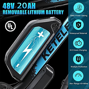 QIKAITU Electric Bike for Adults 1600W 48V 20AH Removable Battery 28MPH 26" x 4" Fat Tire Snow Beach Mountain Ebike with 21-Speed Shifting Gear Hydraulic Disc Brake City Electric Bicycles(Black-Blue)