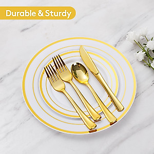 Goodluck 600 Pieces Gold Disposable Plates for 100 Guests, Plastic Plates for Party, Dinnerware Set of 100 Dinner Plates, 100 Salad Plates, 100 Spoons, 100 Forks, 100 Knives, 100 Cups