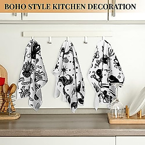 Newwiee 6 Pieces Boho Kitchen Towels Black and White Funny Dish Towels Ocean Animal Themed Tea Towels Absorbent Towels for Boho Housewarming Gifts Kitchen Decoration, 16 x 28''