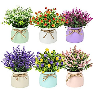 CEWOR 6pcs Fake Potted Plants Small Faux Plants Indoor Artificial Flowers Outdoor in Macaron Pot, Desk Plants for Home Indoor Bathroom Kitchen Shelf Office Decor