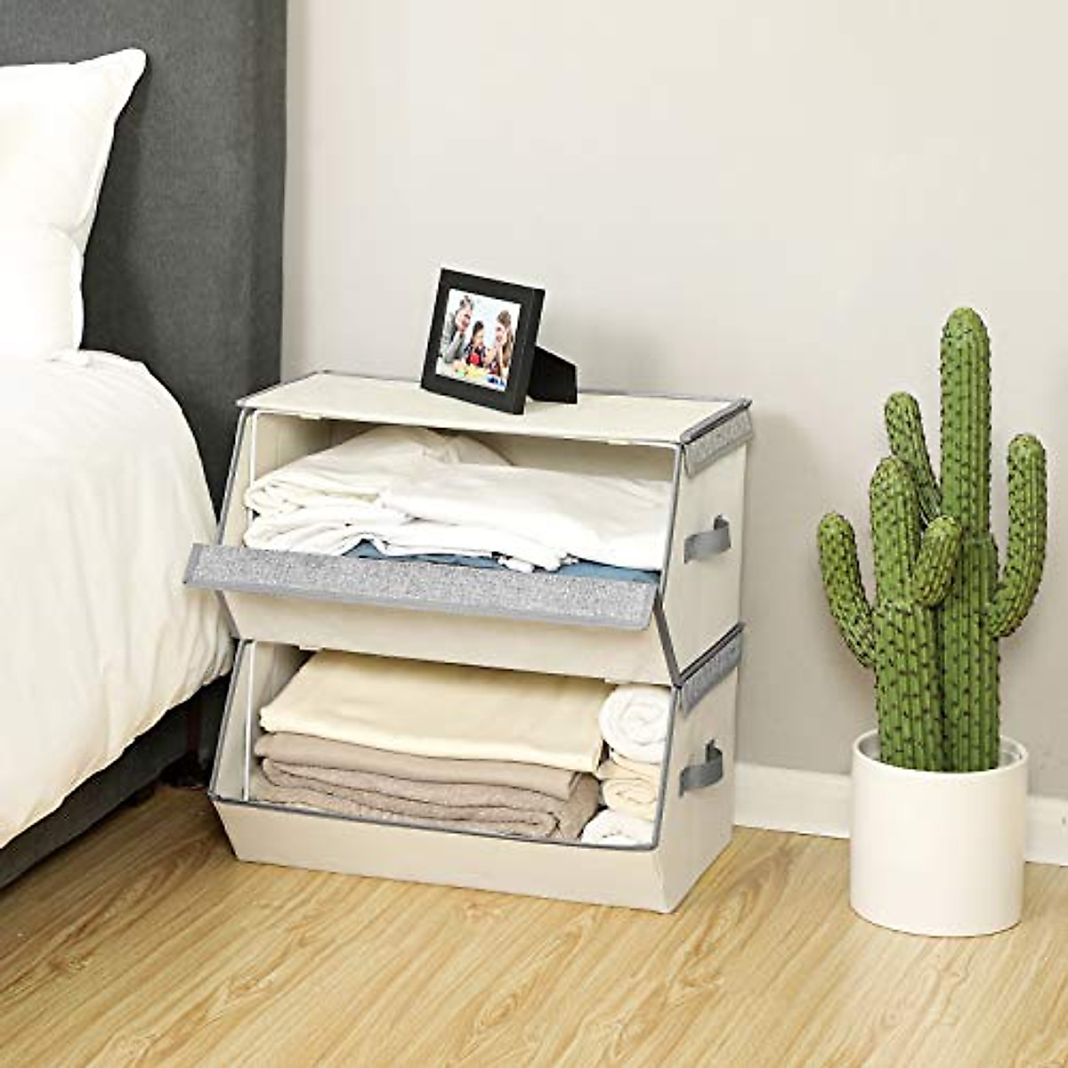 SONGMICS Large Bins with Lids and Handles, Stackable Storage Organizers with Linenette and Oxford Fabric for Clothes and Kid’s Toys, Set of 2, Gray and Beige URLB03GE