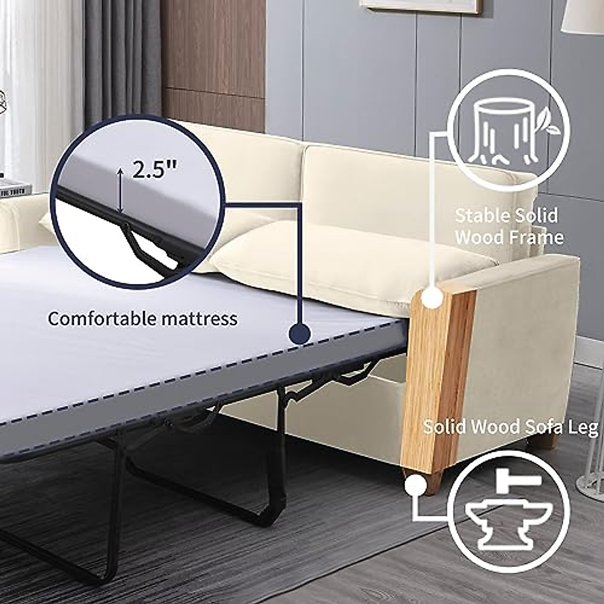 ZAFLY 70" Pull Out Sofa Bed, Convertible Sleeper Sofa with Memory Foam Mattress, Velvet Modern Couch Bed for Home, Apartment, Easy Assembly - Beige